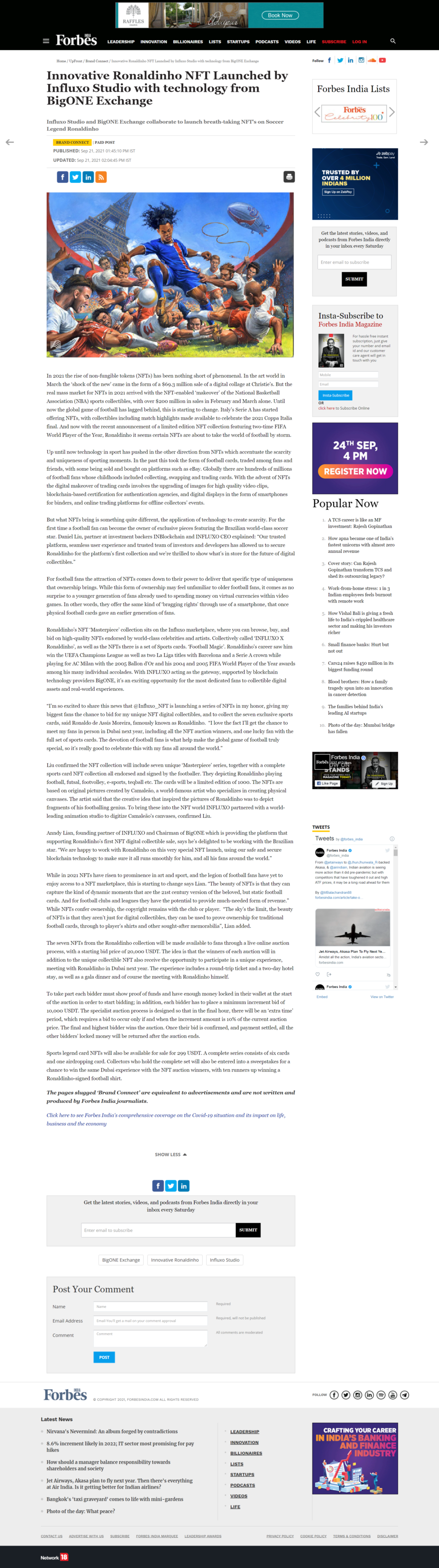 Forbes India: Innovative Ronaldinho NFT Launched by Influxo Studio with ...